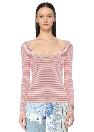Etro Kadın Kırmızı Beyaz Düşük Omuzlu Çizgili Triko 44 IT