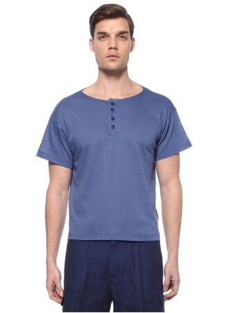 Pal Zileri Erkek Mavi Bisiklet Yaka Düğmeli T-shirt L EU