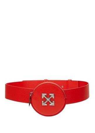 Off-White Kadın Kırmızı Logo Detaylı Deri Kemer EU