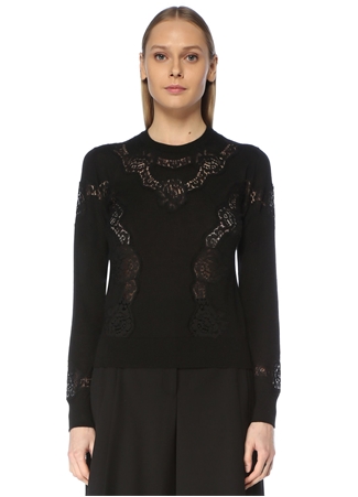Dolce&Gabbana Kadın Siyah Bisiklet Yaka Dantelli Kaşmir Kazak 40 IT