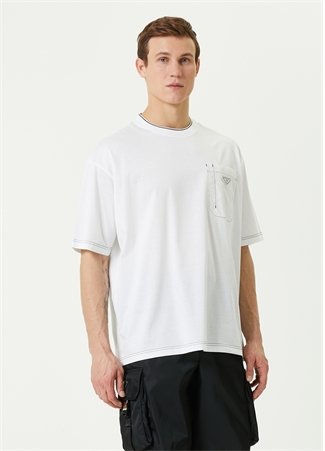 Prada Erkek Beyaz Logolu Cep Detaylı T-shirt S EU