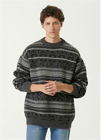 Balenciaga Erkek Gri Geometrik Desenli Logolu Yün Kazak S EU