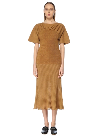 Proenza Schouler Kadın Taba Kayık Yaka Büzgülü Midi Triko Elbise Bej S EU