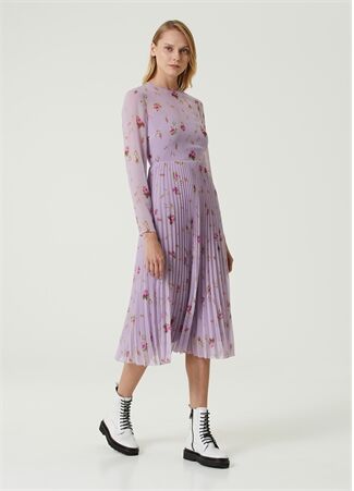 Red Valentino Kadın Lila Çiçekli Pilili Midi Elbise Mor 38 IT