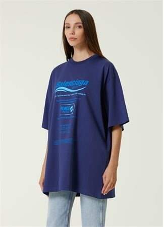 Balenciaga Kadın Boxy Fit Lacivert Baskılı T-shirt XXS EU