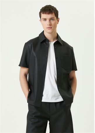 Academia Erkek Siyah Kısa Kollu Deri Gömlek 46 EU