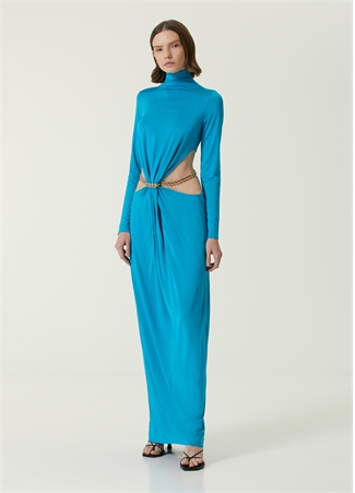 Cult Gaia Kadın Mavi Dik Yaka Zincir Detaylı Maksi Abiye Elbise S EU