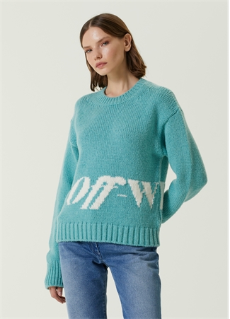 Off-White Kadın Mavi Bisiklet Yaka Logo Jakarlı Yün Kazak Yeşil 40 IT