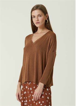 Beymen Club Kadın Kahverengi V Yaka Düşük Kol Dokulu T-shirt Bej XS