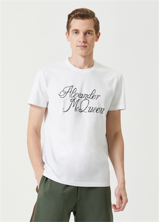Alexander McQueen Erkek Beyaz Bisiklet Yaka Logolu T-shirt S EU Alexander McQueen Erkek Beyaz Bisiklet Yaka Logolu T-shirt S EU