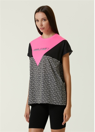 Balmain Kadın Pembe Siyah Bloklu Logolu T-shirt M EU