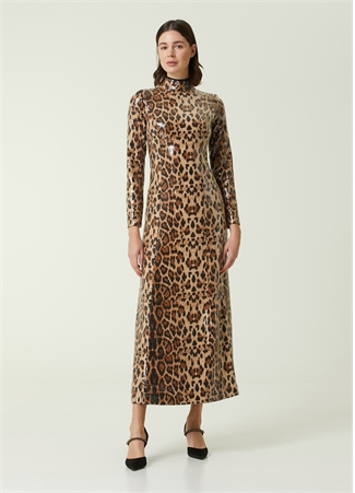 In the Mood for Love Kadın Nancy Leopar İşlemeli Midi Kokteyl Elbise Kahverengi S EU