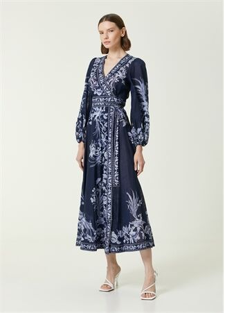 Zimmermann Kadın Lacivert Çiçekli Midi Kruvaze Elbise 0 US