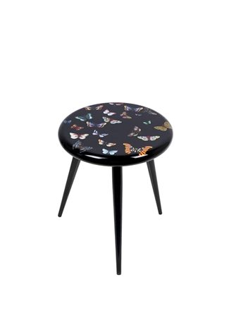 Fornasetti Siyah Kelebek Desenli Ahşap Tabure