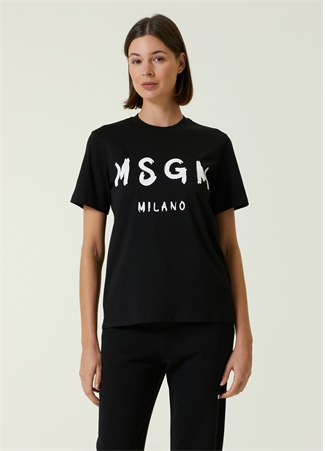 Msgm Kadın Siyah Bisiklet Yaka Logolu T-shirt S EU