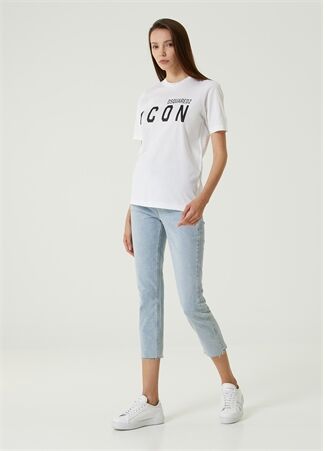 Dsquared2 Kadın Icon Beyaz Logo Baskılı T-shirt S EU