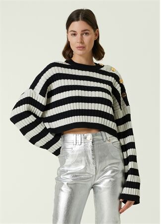 Balmain Kadın Siyah Beyaz Çizgili Crop Yün Kazak 36 FR