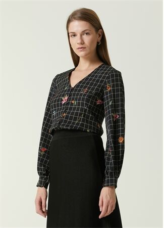 Beymen Club Kadın Siyah V Yaka Kareli Çiçekli Gömlek XS