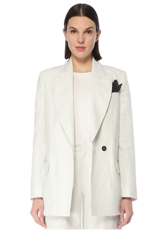 Brunello Cucinelli Kadın Beyaz Çizgili Beli Kuşaklı Kruvaze Ceket Siyah 42 IT