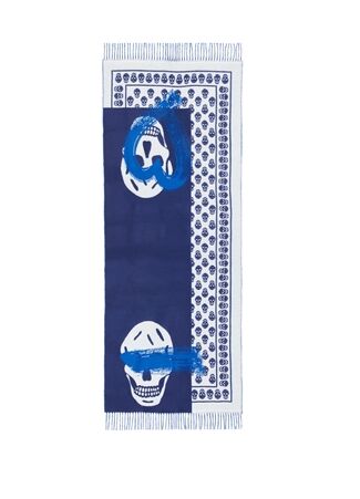 Alexander McQueen Kadın Lacivert Ekru Jakarlı Yün Şal EU