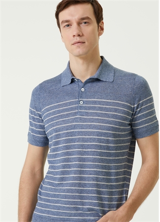 Brunello Cucinelli Erkek Mavi Polo Yaka Çizgili Kısa Kollu Keten Triko 48 IT Brunello Cucinelli Erkek Mavi Polo Yaka Çizgili Kısa Kollu Keten Triko 48 IT