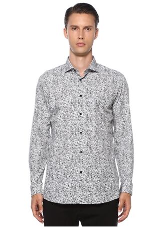 Palzileri Lab Erkek Siyah Beyaz Modern Yaka Desenli Gömlek Gri 39 IT