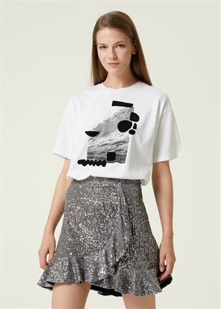 Beymen Club Kadın Beyaz Taşlı Dağ Baskılı T-shirt S