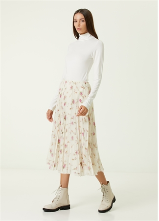 Red Valentino Kadın Beyaz Çiçek Desenli Pilili Midi Etek 42 IT