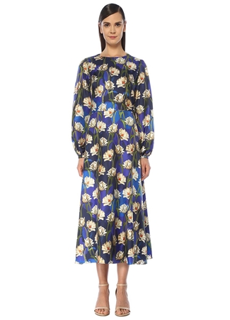Borgo De Nor Kadın Elista Mavi Çiçekli Balon Kol Midi İpek Elbise Lacivert 8 US