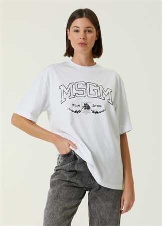 Msgm Kadın Beyaz Bisiklet Yaka Logolu T-shirt XS EU