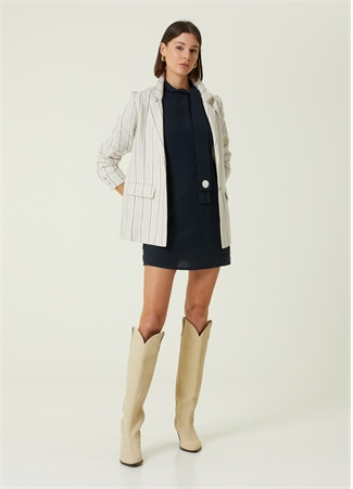 Dor Raw Luxury Kadın Lacivert Yaka Detaylı Keten Mini Elbise S EU