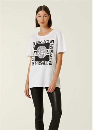 Versace Kadın Beyaz Siyah Logo Baskılı T-shirt 38 IT