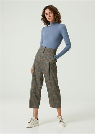 Beymen Club Kadın Gri Ekose Desenli Pilili Pantolon Kahverengi 42 EU