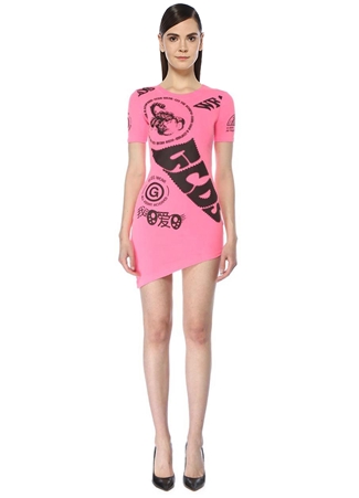 Gcds Kadın Elements Pembe Desenli Asimetrik Mini Elbise XS EU
