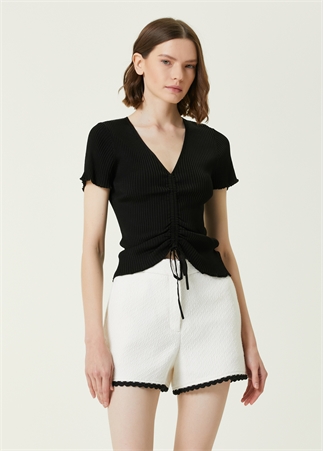 Maje Kadın Siyah V Yaka Ribli Büzgü Detaylı T-shirt Us