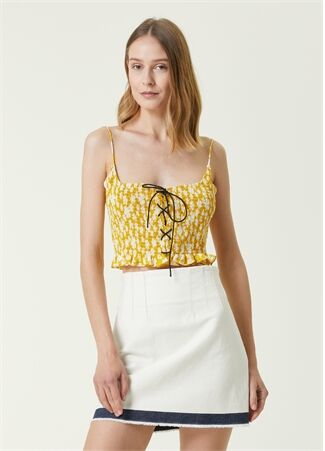 Miu Kadın Sarı Çiçekli Önü Bağcıklı İpek Bluz Beyaz 42 IT