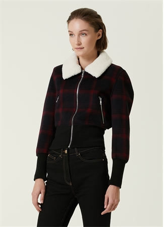 Maje Kadın Lacivert Shearling Yaka Ekoseli Yün Ceket 36 FR Maje Kadın Lacivert Shearling Yaka Ekoseli Yün Ceket 36 FR