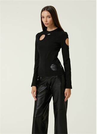 Off-White Kadın Siyah Bisiklet Yaka Kesim Detaylı Bluz 42 IT