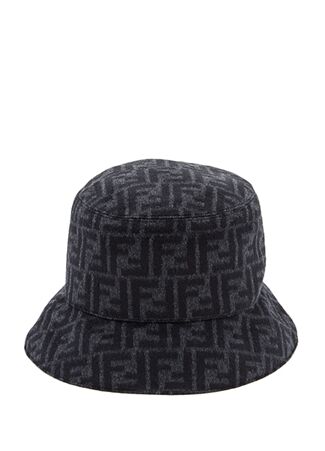 Fendi Erkek Siyah Gri Logo Desenli Yün Bucket Şapka S EU