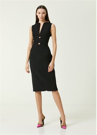 Versace Kadın Siyah V Yaka Kesim Detaylı Midi Yün Elbise 42 IT