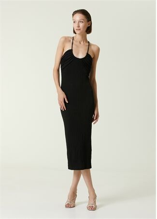 Musier Kadın Siyah Yakası Büzgülü Midi Elbise 36 IT