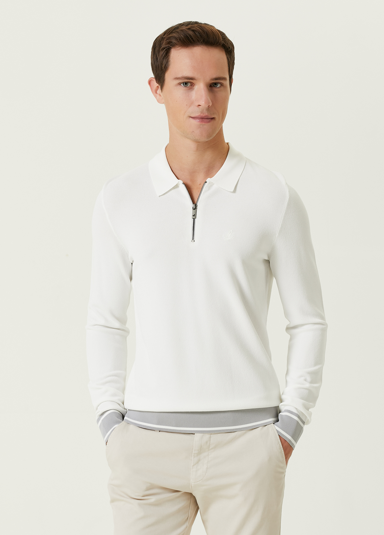 Beymen Club - Beyaz Polo Yaka Logo Nakışlı Triko - Kırık Beyaz