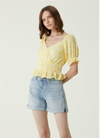 Lost+Wander Kadın Sarı V Yaka Çiçekli Karpuz Kol Bluz S EU
