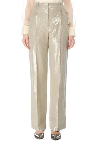 Brunello Cucinelli Kadın Bej Pili Detaylı Boru Paça Keten Pantolon 36 IT