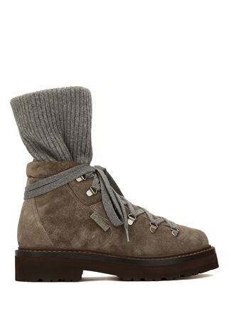 Brunello Cucinelli Kadın Gri Çorap Detaylı Deri Bot 36 EU