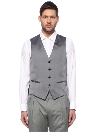 Cerimonia Erkek Lacivert V Yaka Desenli İpek Yelek 44 IT