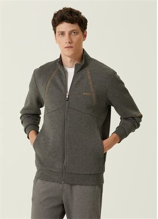 Boss Erkek Gri Dik Yaka Şerit Baskılı Sweatshirt S EU