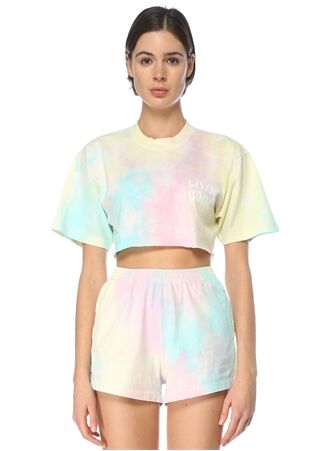 Livincool Kadın Bisiklet Yaka Batik Desenli Crop T-shirt L EU