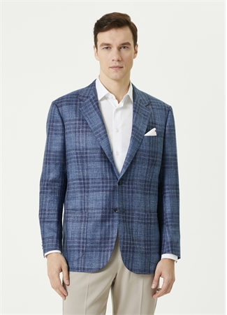 Kiton Erkek Mavi Ekoseli Ceket Lacivert 50 IT Kiton Erkek Mavi Ekoseli Ceket Lacivert 50 IT