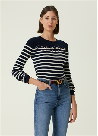 Valentino Kadın Lacivert Çizgili Logo İşlemeli Yün Kazak L EU